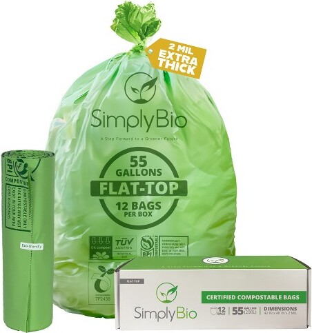 Simply Bio 55 Gallon Compostable Trash Bags Flat-Top, Heavy Duty Extra ...
