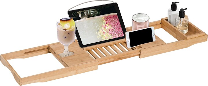 HOMCOM Extendable Bath Rack Bathroom Tray Bamboo Wooden Bathtub Shelf ...