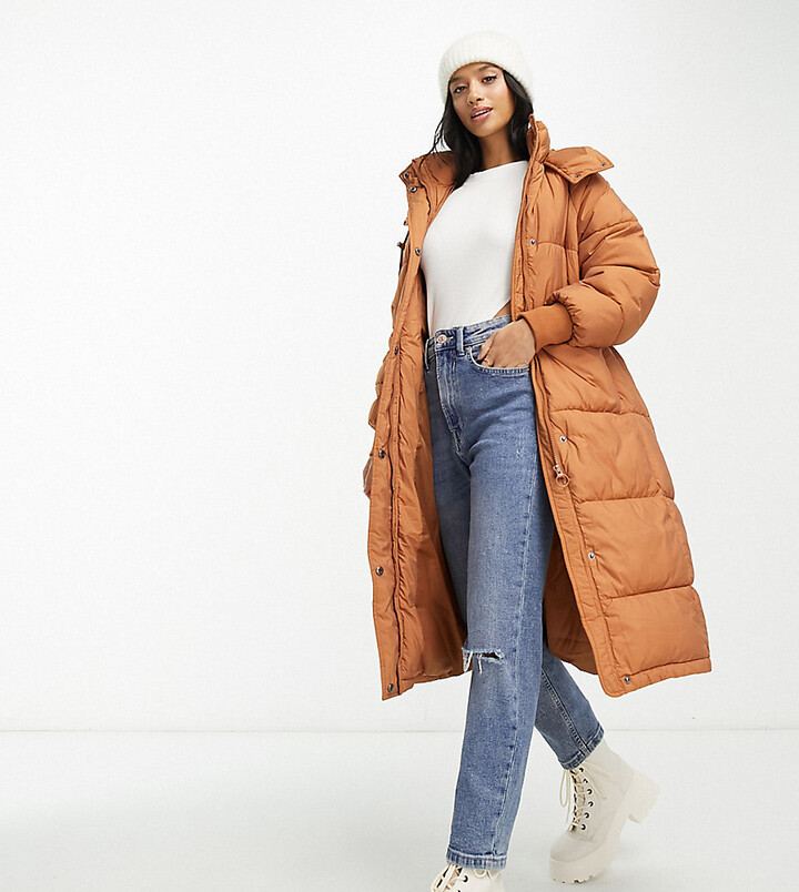 Urban Code Petite Urbancode Petite longline hooded puffer coat in toffee brown - ShopStyle