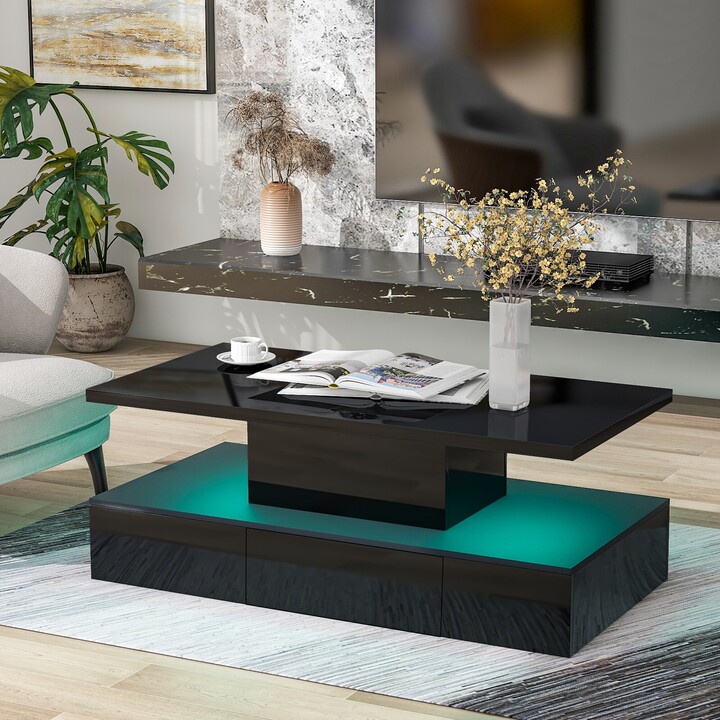 RASOO Modern Glossy Coffee Table with Drawer, 2-Tier Rectangle Center ...