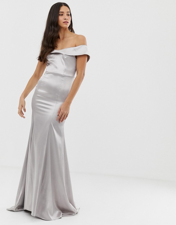 Dolly & Delicious bardot maxi dress with fishtail in silver satin ...