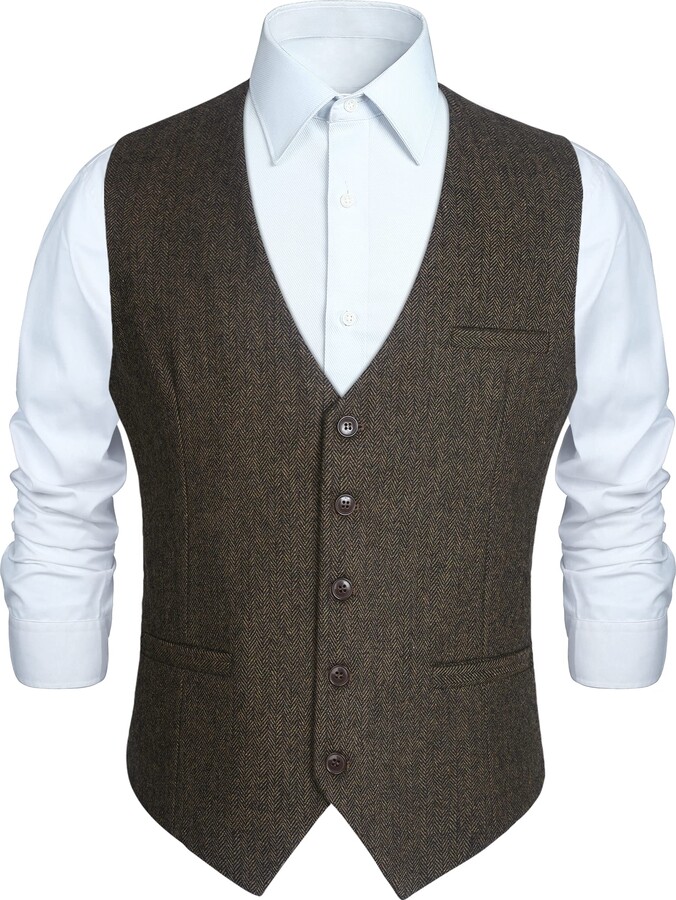 HISDERN Men's Formal Suit Vest Solid Waistcoat for Mens Herringbone ...
