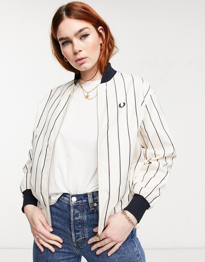 Fred Perry striped batwing bomber jacket in white - ShopStyle