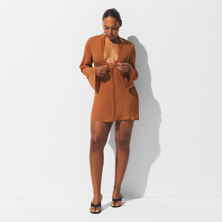 SKIMS Sheer Cover-Ups Long Sleeve Mini Dress | Chestnut - ShopStyle