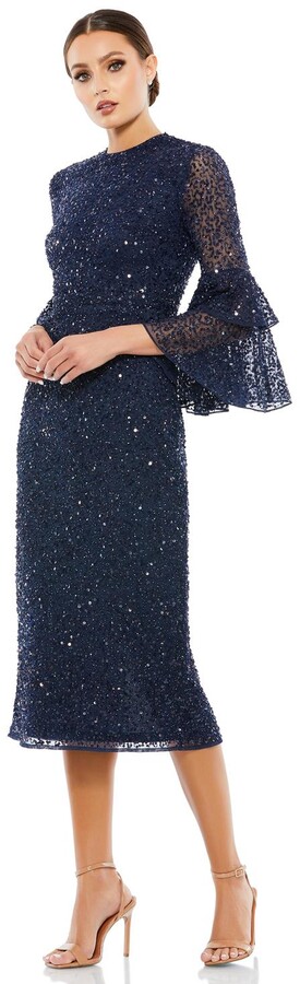 Mac Duggal Fully Sequined Ruffle Tiered 3/4 Sleeve Midi Dress - ShopStyle