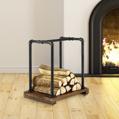 17 Stories Industrial Pipe Firewood Rack With Burnt Brown Wooden Base ...