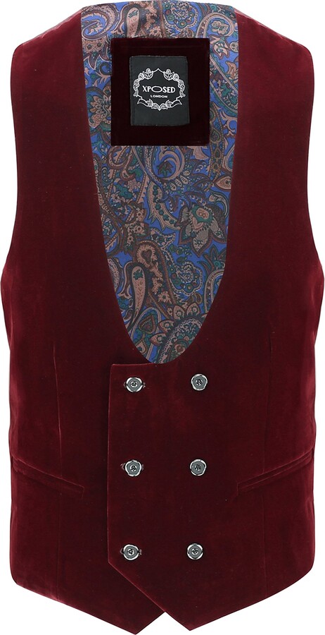 Xposed Mens SAM Burgundy Soft Velvet Waistcoat Wedding Party Retro ...