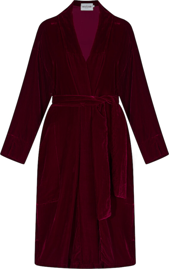 The Annam House Velvet Piped Long Robe With Belt - Rosewood Red - ShopStyle