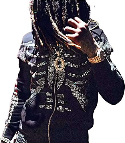 PanLidapan Harajuku Y2k Zip Up Hoodie Skeleton Hoodie Rhinestone Hoodie Full Zip Up Hoodie Over ...