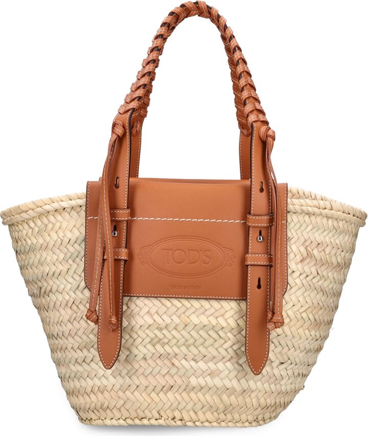Tod's Shopping raffia & leather tote bag - ShopStyle