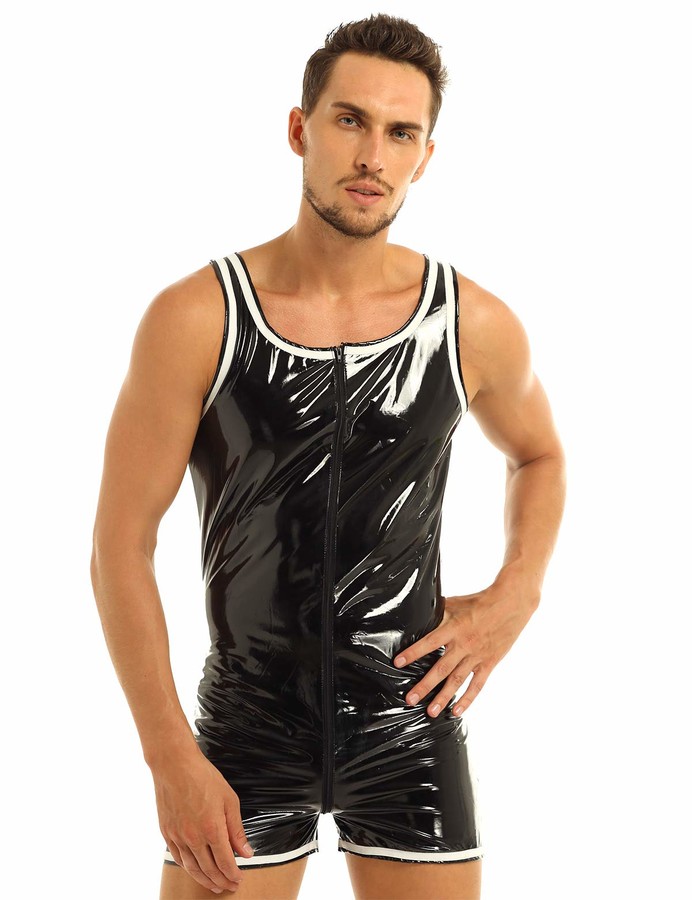 inlzdz Men's Sexy PVC Leather Wet Look Zipper Boxer Shorts Leotard Vest ...