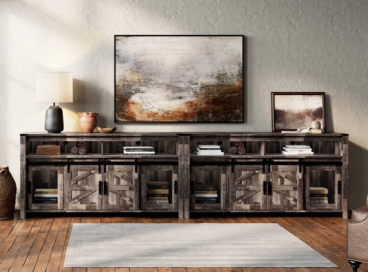 WAMPAT Rustic Wood TV Stand with Mesh and Sliding Barn Doors for Living ...