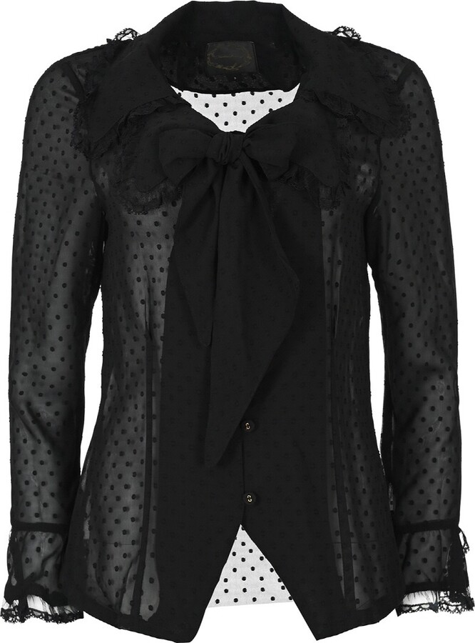 NARU KANG - Dot Double Collar Ribbon Blouse Black - ShopStyle Tops
