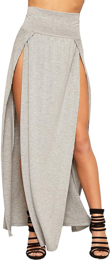 GirlzWalk@ Womens Double Split Maxi Long Skirt Ladies Plain Basic Two ...