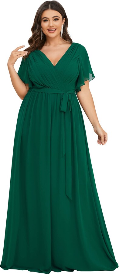 Ever-Pretty Plus Women's Plus Size A-Line Deep V-Neck Elastic Sash Waist Maxi Formal Bridesmaid ...