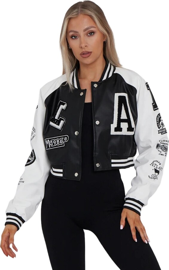 janisramone® Cropped Leather Jacket for Women with Letter Details on ...