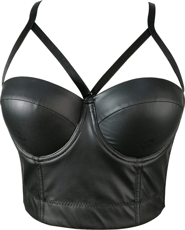 Woboren Womens Straps Pu Leather Bustier Crop Top Push Up Corset Top