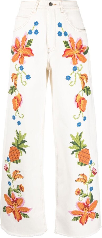 Farm Rio Floral-Embroidered Wide-Leg Jeans - ShopStyle