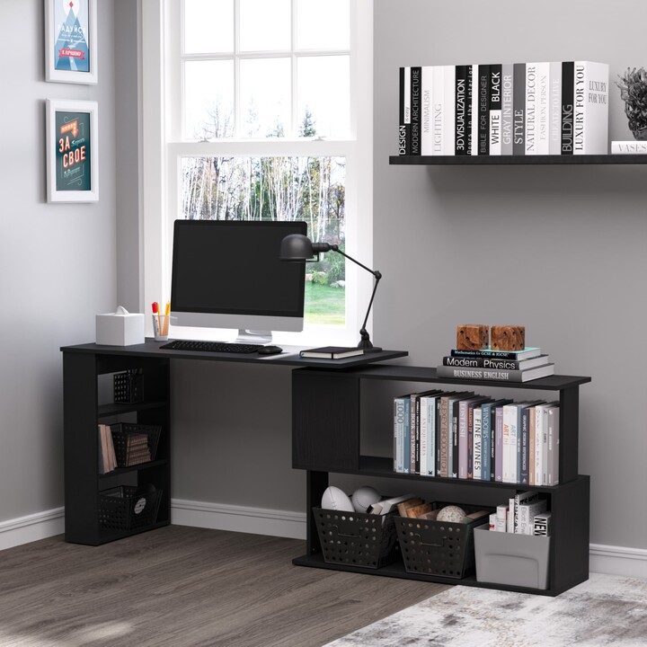 HomCom Modern L Shaped Rotating Computer Desk with Bookshelves ...
