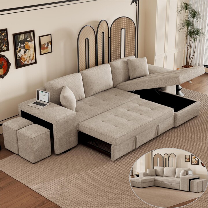FANYE Oversized Reversible Sleeper Sectional Sofa Linen Upholstered L ...