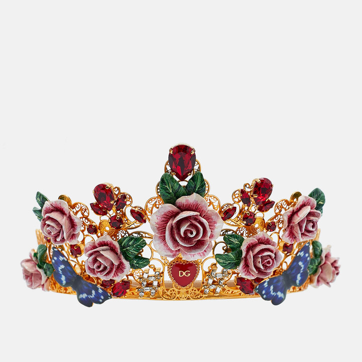 Dolce & Gabbana Flower Crystals Enamel Composite Gold Tone Tiara Crown ...