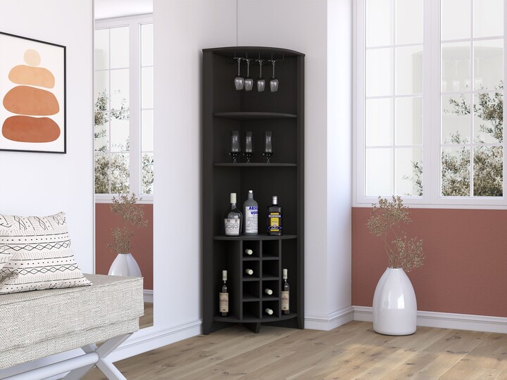 DEPOT E-SHOP Giza Corner Bar Cabinet, Three Shelves, Eight Wine Cubbies ...