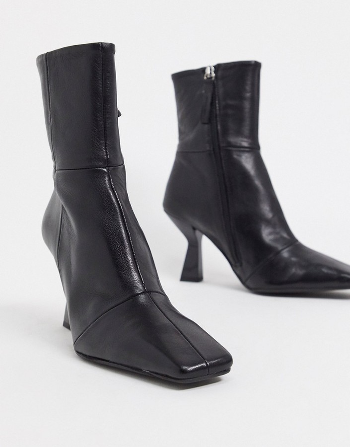 ASOS DESIGN Elodie premium leather square toe heeled boots in black ...