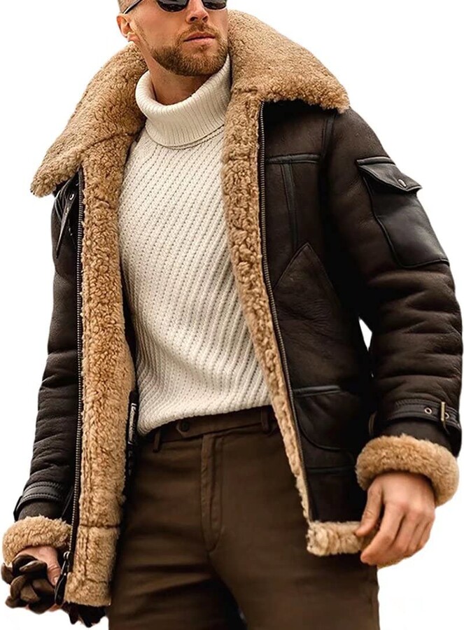 KOAGO Mens Sherpa Faux Leather Jacket Fashion Winter Warm Plush Lapel ...