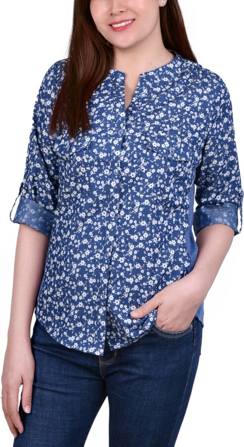 NY Collection Petite 3/4 Sleeve Roll Tab Chambray Blouse - ShopStyle Tops