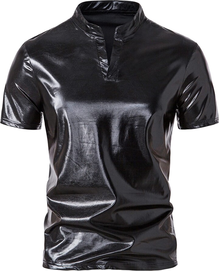 AIEOE Metallic Shiny Shirt Men's Glitter Henley Shirt 70s Disco Party Club Wear Slim Fit Night ...