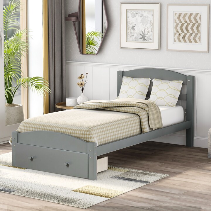 RASOO Platform Twin Bed Frame with Storage Drawer and Wood Slat Support ...