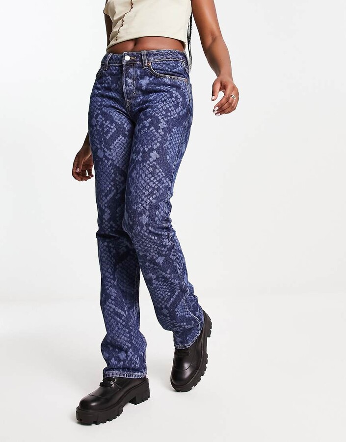 Weekday Pin mid rise straight leg jeans in laser snake print - ShopStyle