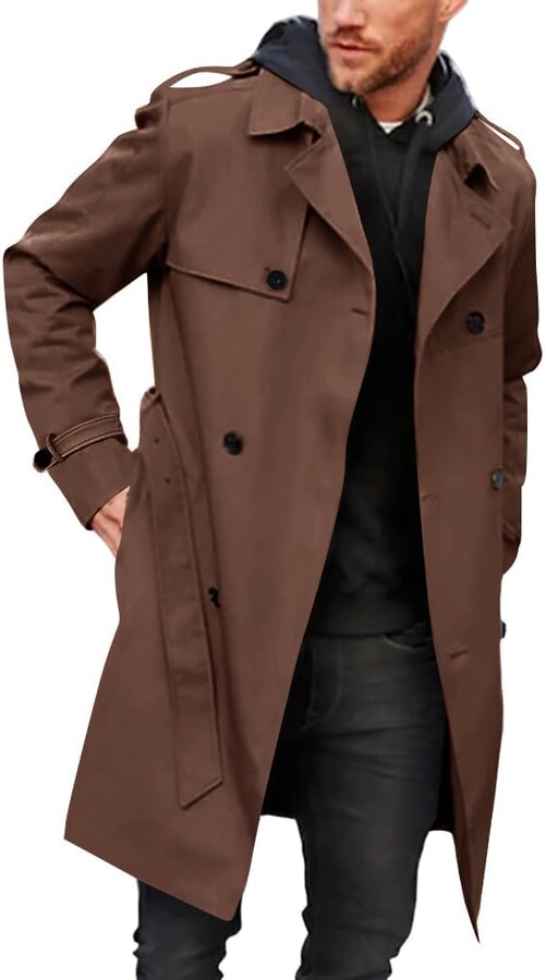 Runcati Men's Coat Double Breasted Trench Coat Long Lapel Business ...