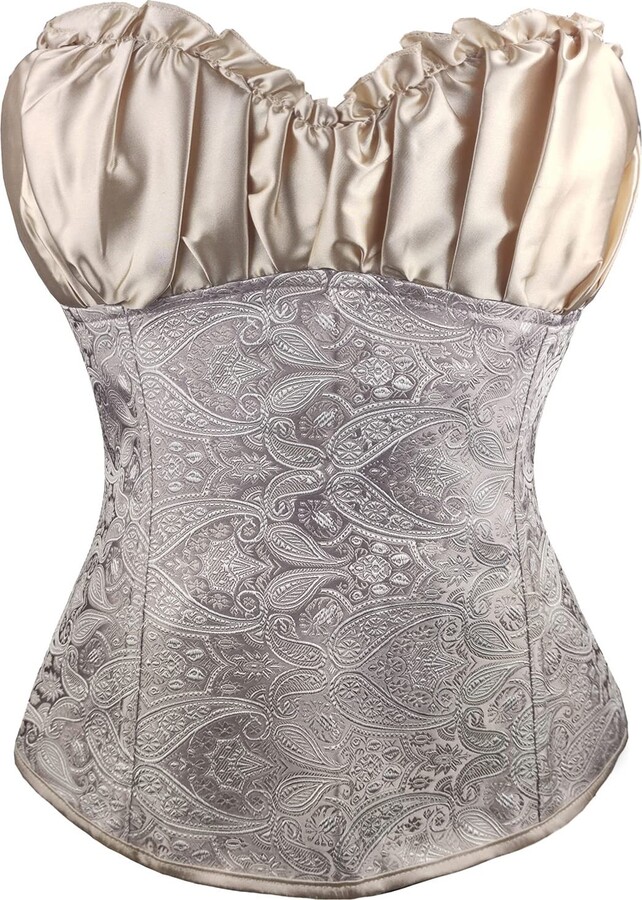 RHISLEO Women Beige Bustier Burlesque Basque Lace Up Zip In Side Boned ...