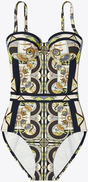 Tory Burch Printed Underwire One-Piece Swimsuit | Navy Sundial Square ...