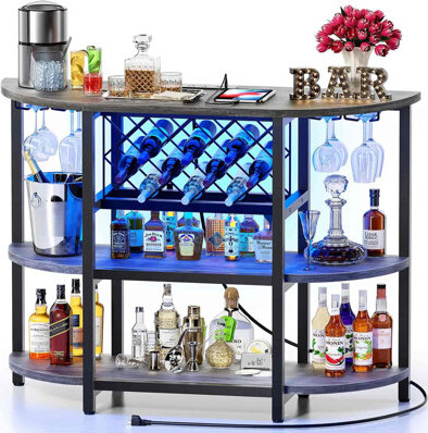 17 Stories Bar Cart Bar Table with Power Outlet, LED Home Bar Cabinet ...